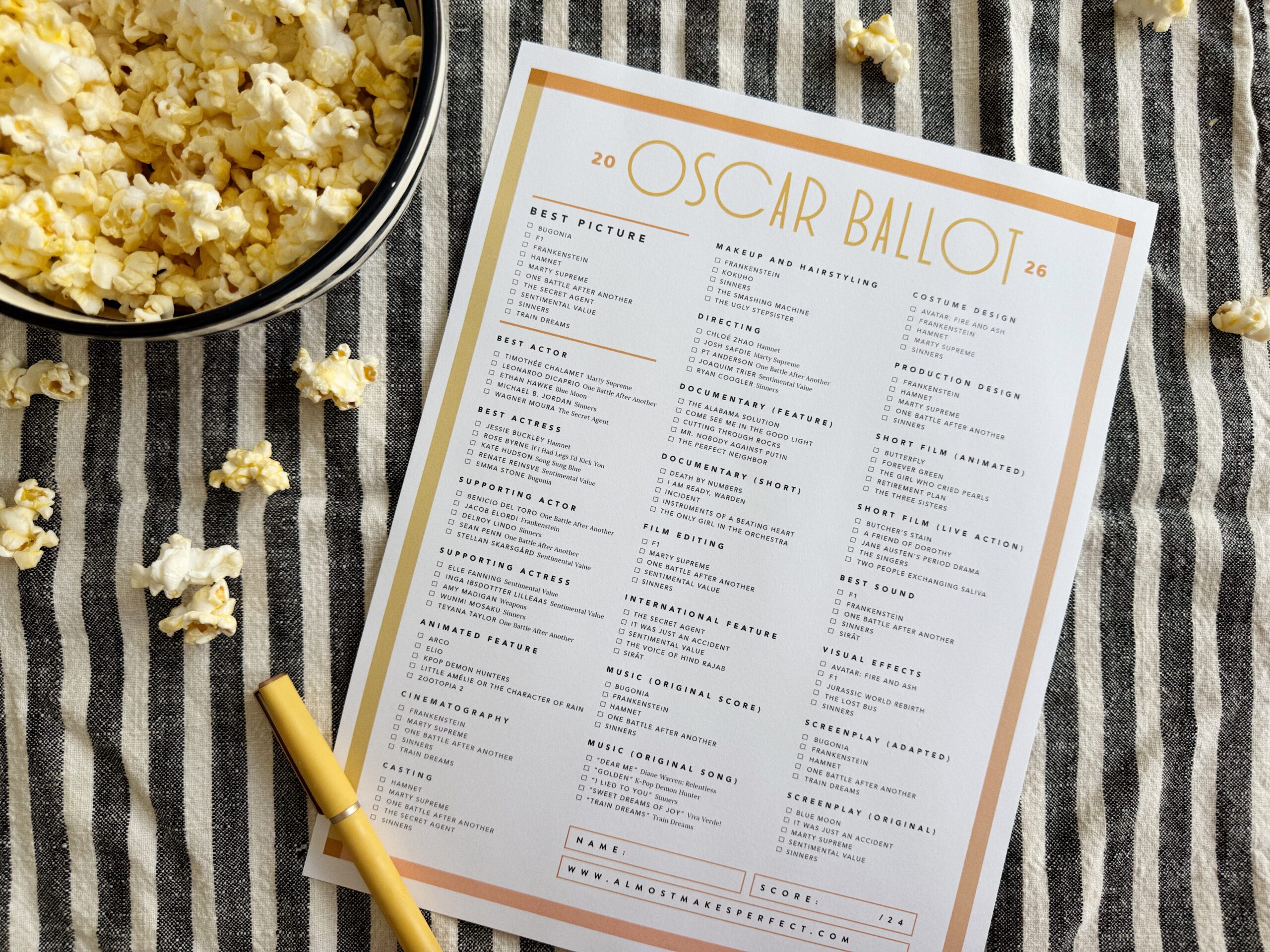 free printable 2026 oscar ballot – almost makes perfect